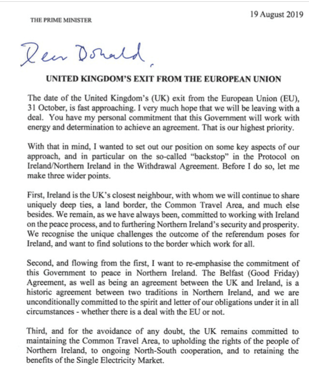Comments in Johnson's letter to Tusk: The Irish backstop is not viable ...